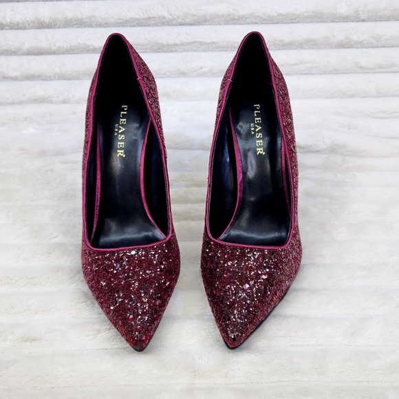 Pleaser | Shoes | Amuse Burgundy Red Glitter Pumps Slim Gold Tone Metal ...